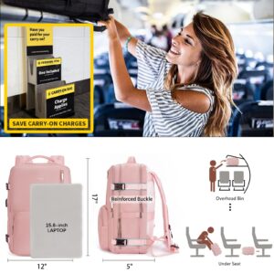 Telena Travel Backpack for Women Large Carry On Backpack Airline Approved Personal Item Backpack with USB Charging Port Waterproof Casual Bag, Pink