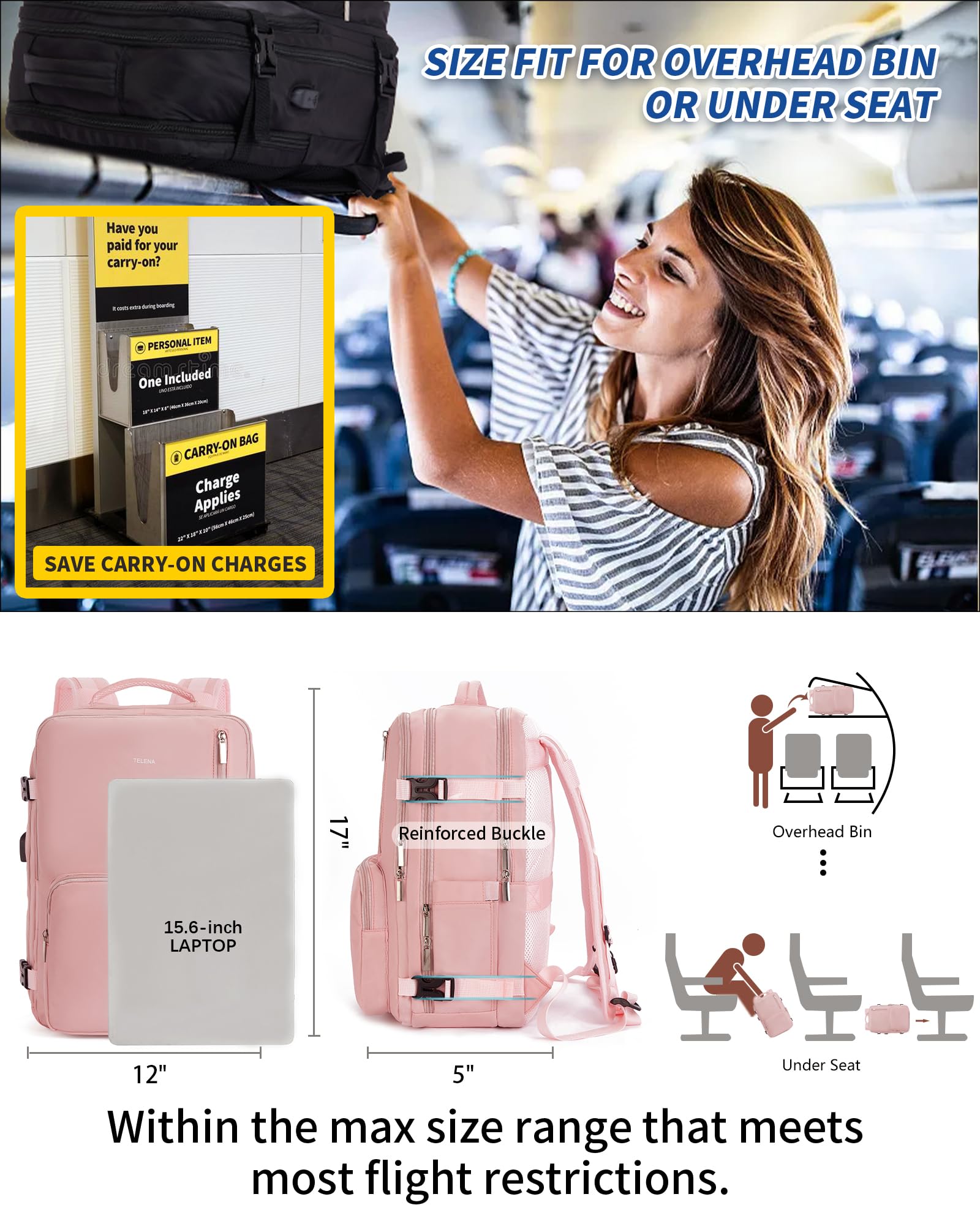 Telena Travel Backpack for Women Large Carry On Backpack Airline Approved Personal Item Backpack with USB Charging Port Waterproof Casual Bag, Pink