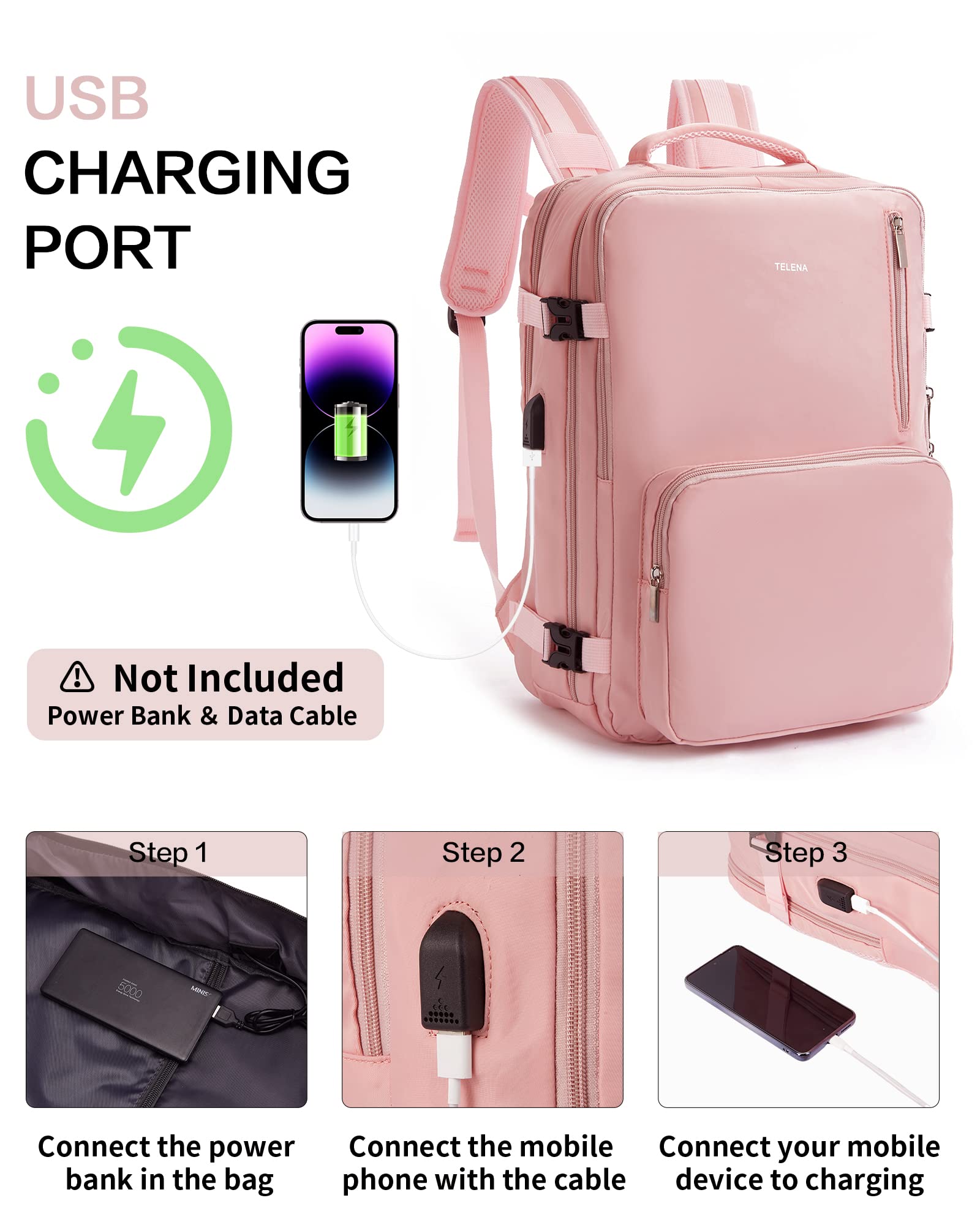 Telena Travel Backpack for Women Large Carry On Backpack Airline Approved Personal Item Backpack with USB Charging Port Waterproof Casual Bag, Pink