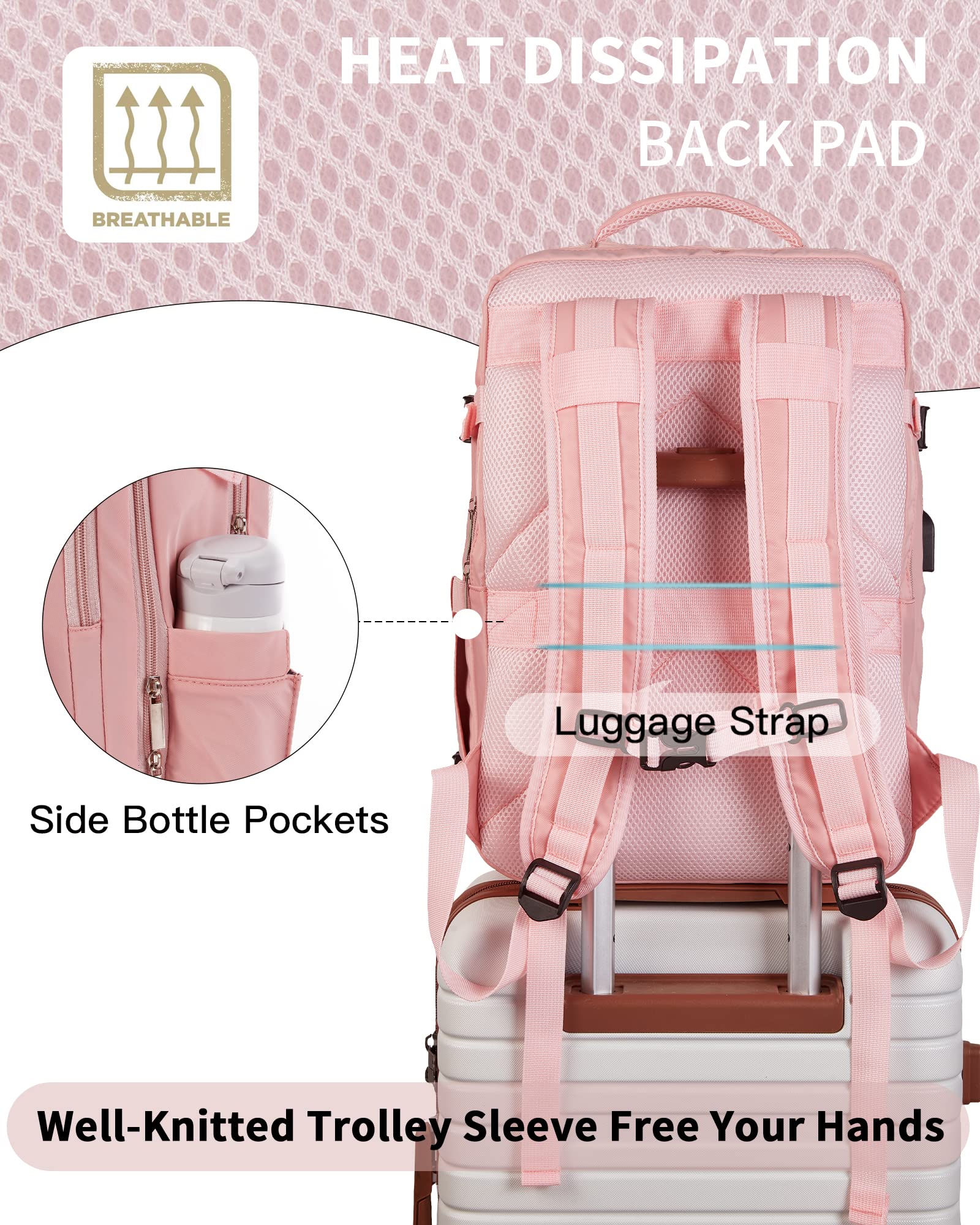 Telena Travel Backpack for Women Large Carry On Backpack Airline Approved Personal Item Backpack with USB Charging Port Waterproof Casual Bag, Pink