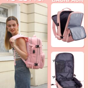 Telena Travel Backpack for Women Large Carry On Backpack Airline Approved Personal Item Backpack with USB Charging Port Waterproof Casual Bag, Pink