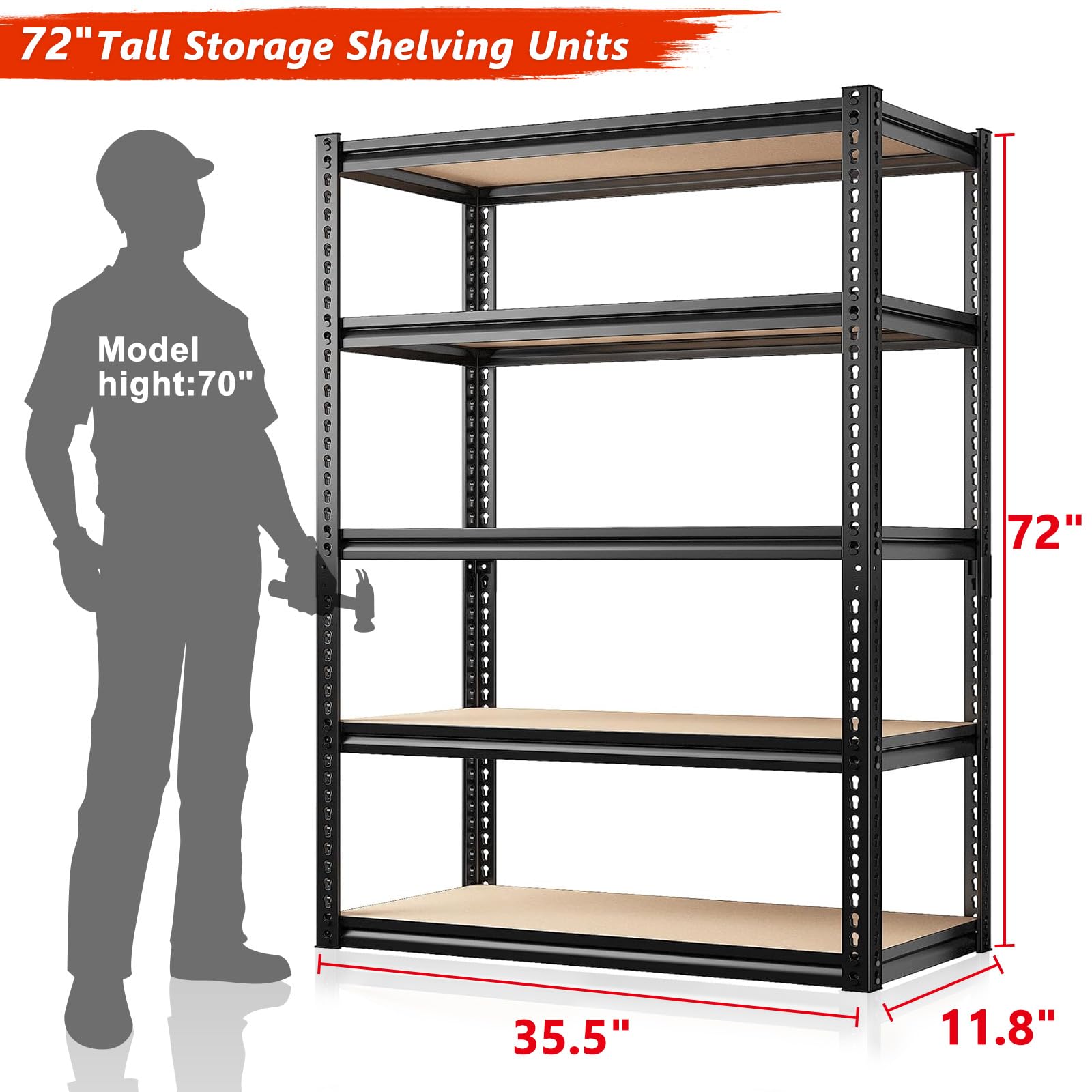 REIBII 72" Garage Shelving Heavy Duty Storage Shelves 2000LBS Garage Shelves 5 Tier Metal Storage Shelving Unit Adjustable Garage Storage Shelves for Craft Warehouse Pantry Basement 72''*35.5''*11.8''