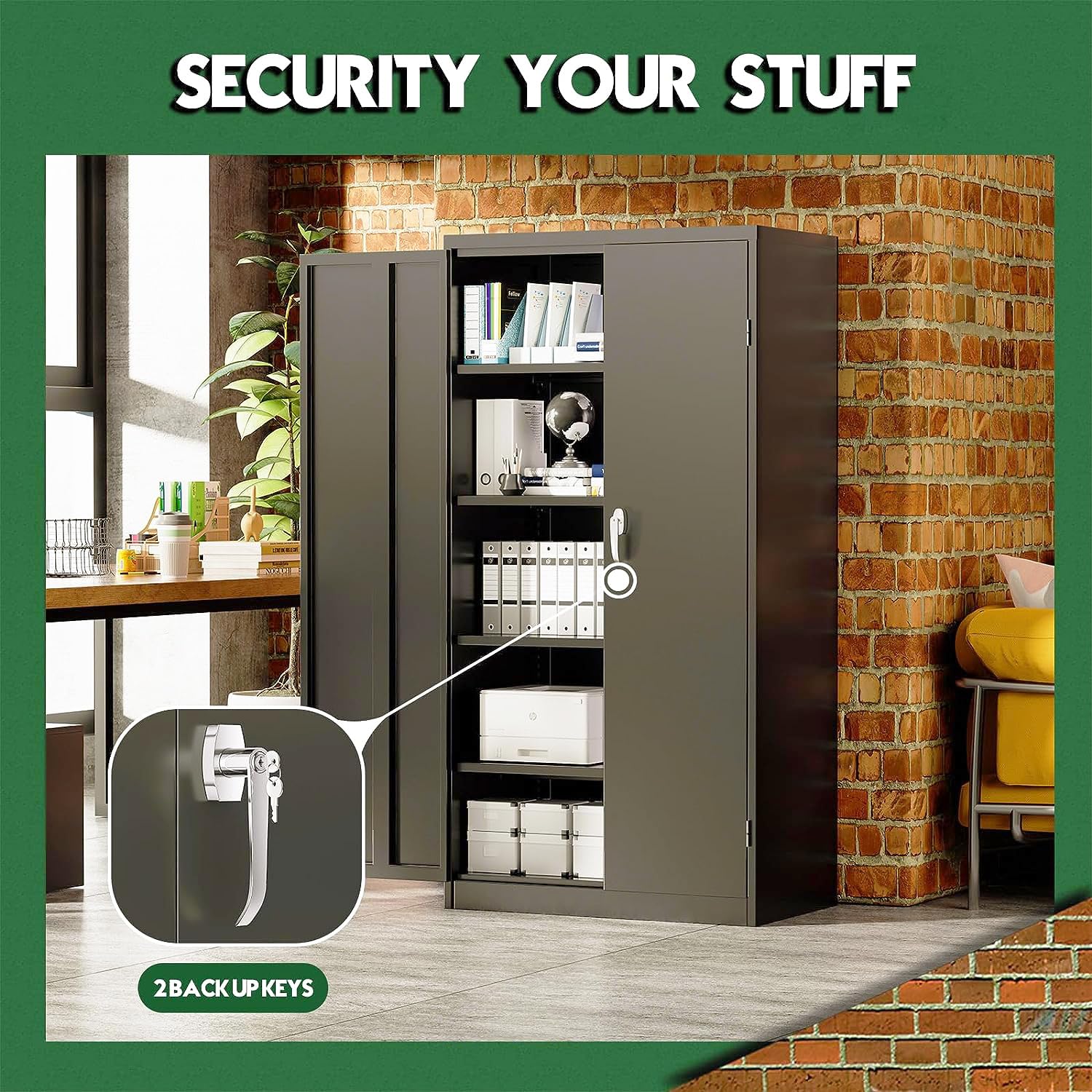 Greenvelly Metal Cabinet, 72” Black Tool Steel Locking Cabinet with Doors and 4 Shelves, Tall Cabinets for Garage Storage Systems Lockable File Cabinet for Home Office, Classroom/Pantry