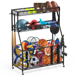 uboway garage sports equipment storage organizer garage organization with baskets and wheels, toy storage organizer, ball storage rack for basketball, tennis ball, volleyball, football and more