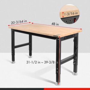 WORKPRO 48" Adjustable Workbench, Rubber Wood Top Heavy-Duty Workstation, 2000 LBS Load Capacity Hardwood Worktable with Power Outlets, for Workshop, Garage, Office, Home