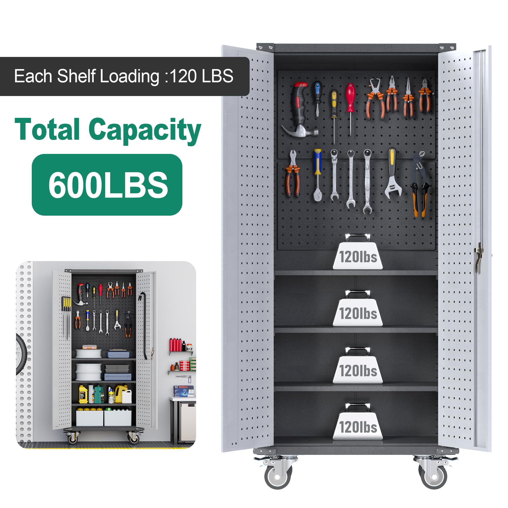 71" Pegboard Metal Garage Storage Cabinet with Wheels, Rolling Lockable Metal Tool Cabinet with Adjustable Shelves for Warehouse, Basement, Assembly Required