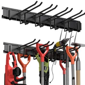 garage tool storage rack, garage organizer wall mounted storage system with 6 hooks, max 300 lbs super heavy duty garden tool hanger rack for ski gears, chair, broom, mop, rake shovel yard tools