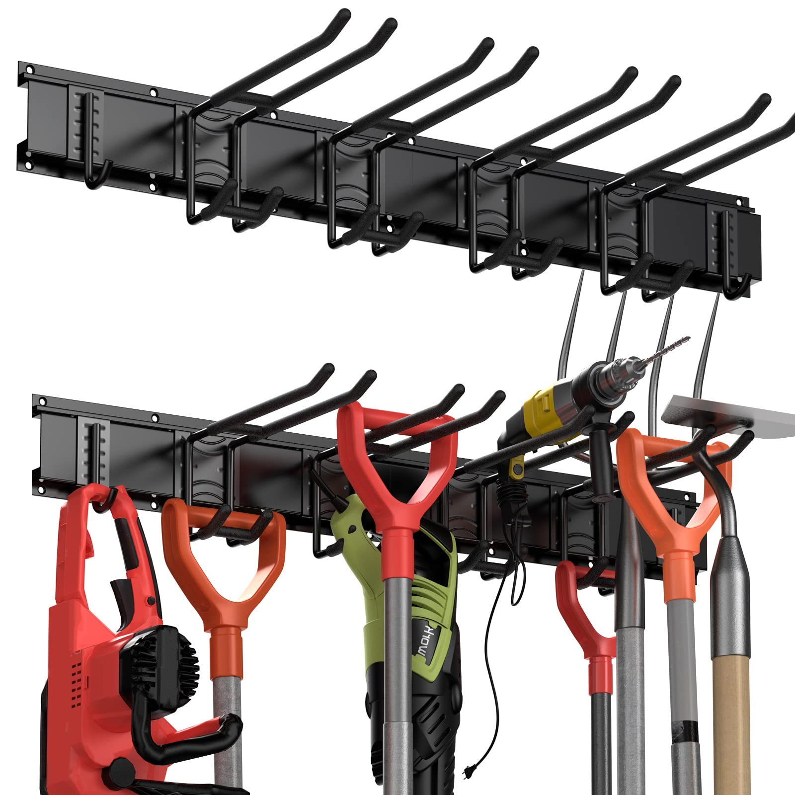 Garage Tool Storage Rack, Garage Organizer Wall Mounted Storage System with 6 Hooks, Max 300 lbs Super Heavy Duty Garden Tool Hanger Rack for Ski Gears, Chair, Broom, Mop, Rake Shovel Yard Tools