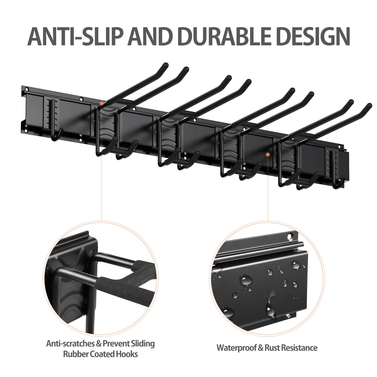 Garage Tool Storage Rack, Garage Organizer Wall Mounted Storage System with 6 Hooks, Max 300 lbs Super Heavy Duty Garden Tool Hanger Rack for Ski Gears, Chair, Broom, Mop, Rake Shovel Yard Tools