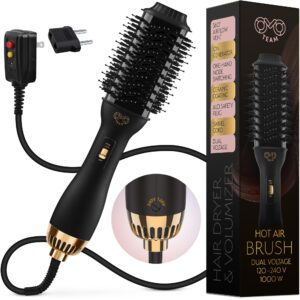 professional dual voltage blowout hair dryer brush for european travel 110v-120v/220v-240v, black gold dryer and volumizer, hot air brush for women, 2.4 inches oval shape