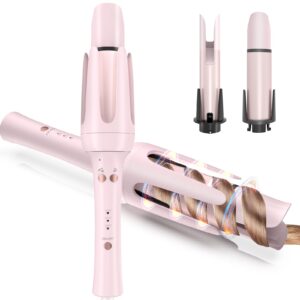 curlicue automatic curling iron hair curler，replaceable curling wand w/ 2 sizes barrel (1''，1.25'') & 3 temps，hair waver w/ anti-tangle & auto-off，double voltage rotating curling iron long hair-rose