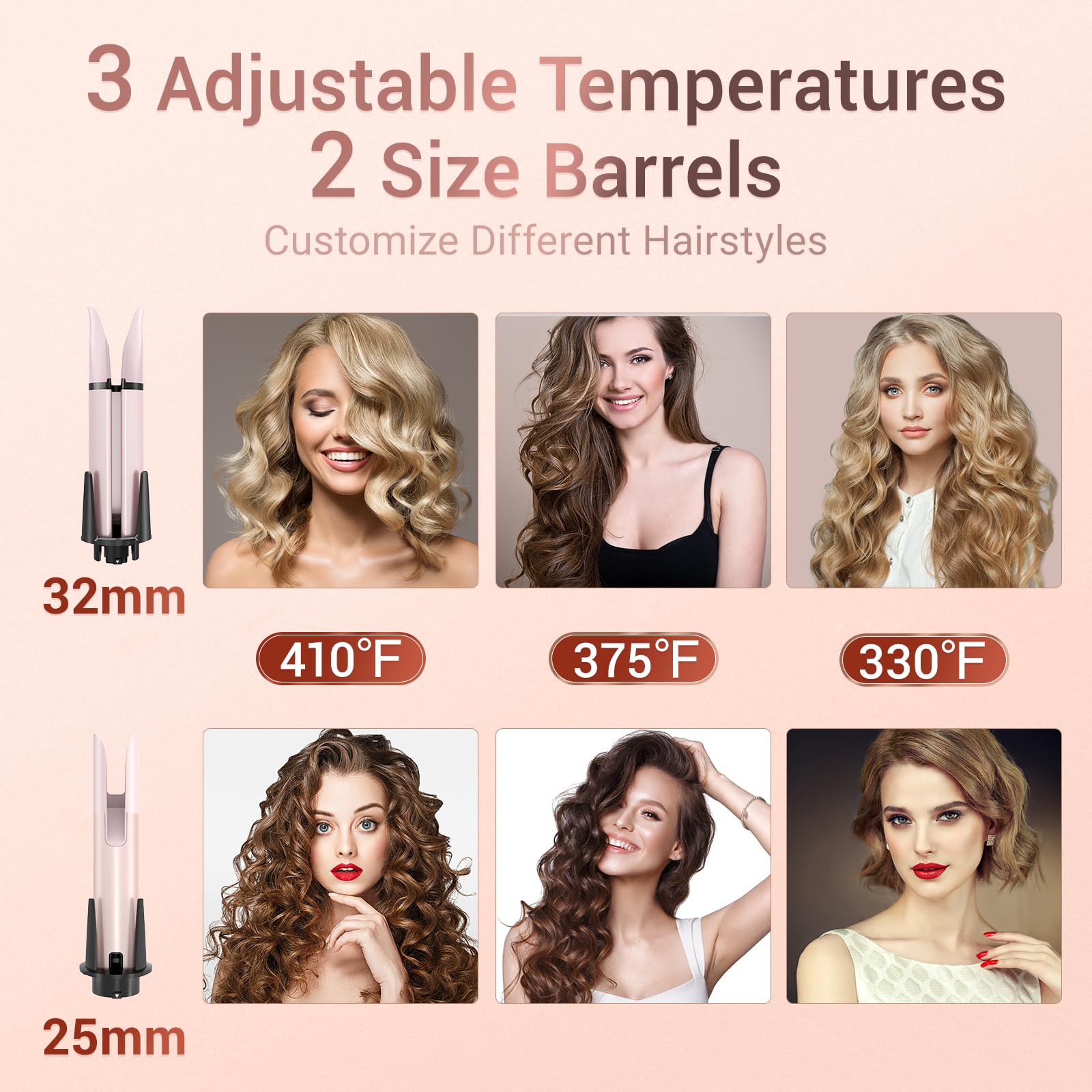 Curlicue Automatic Curling Iron Hair Curler，Replaceable Curling Wand w/ 2 Sizes Barrel (1''，1.25'') & 3 Temps，Hair Waver w/ Anti-Tangle & Auto-Off，Double Voltage Rotating Curling Iron Long Hair-Rose