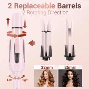 Curlicue Automatic Curling Iron Hair Curler，Replaceable Curling Wand w/ 2 Sizes Barrel (1''，1.25'') & 3 Temps，Hair Waver w/ Anti-Tangle & Auto-Off，Double Voltage Rotating Curling Iron Long Hair-Rose