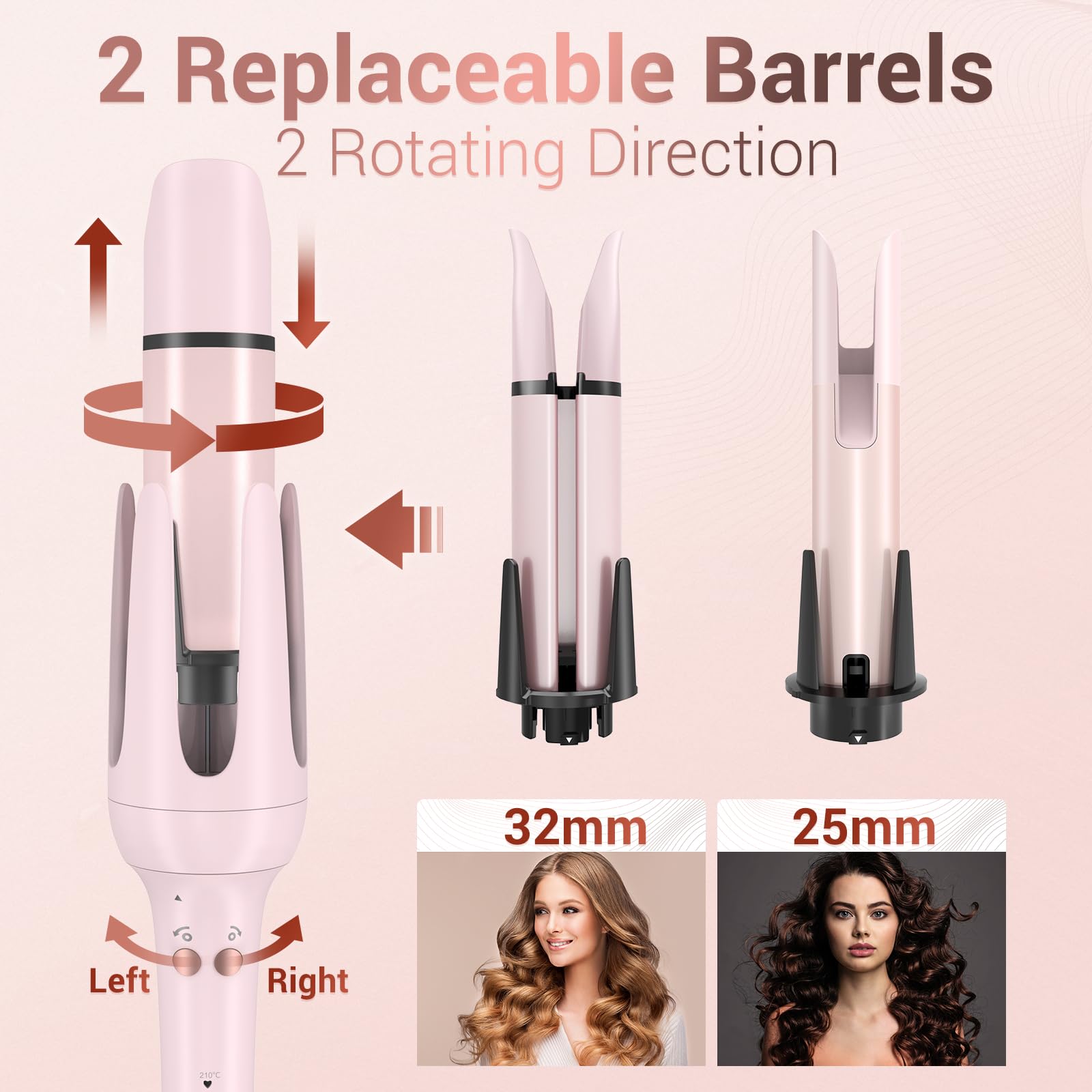 Curlicue Automatic Curling Iron Hair Curler，Replaceable Curling Wand w/ 2 Sizes Barrel (1''，1.25'') & 3 Temps，Hair Waver w/ Anti-Tangle & Auto-Off，Double Voltage Rotating Curling Iron Long Hair-Rose