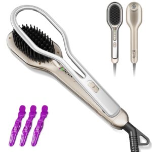 hair straightener brush ceramic | negative ionic ring straightening comb | natural hairstyles heat brush dual voltage fast heat-up with dense bristles, 4 temps, anti-scald & auto-off