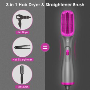 APOKE 3 in 1 Hair Dryer Brush & Straightener Brush, Professional 1200W Powerful Ceramic Tourmaline Ionic Hot Air Brush, 3 Heat/2 Speed Settings One Step Hair Dryer and Styler for All Hair Types