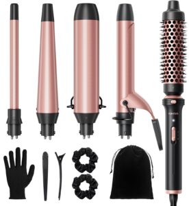 wavytalk 5 in 1 curling iron,curling wand set with thermal brush and 4 interchangeable ceramic curling wand(0.5”-1.5"),instant heat up wand curler, dual voltage curling iron