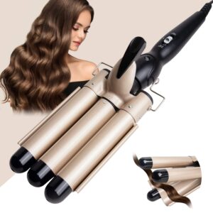 3 barrel curling iron-dual voltage hair crimper,1 inch ceramic tourmaline with temperature adjustable hair waver(gold)