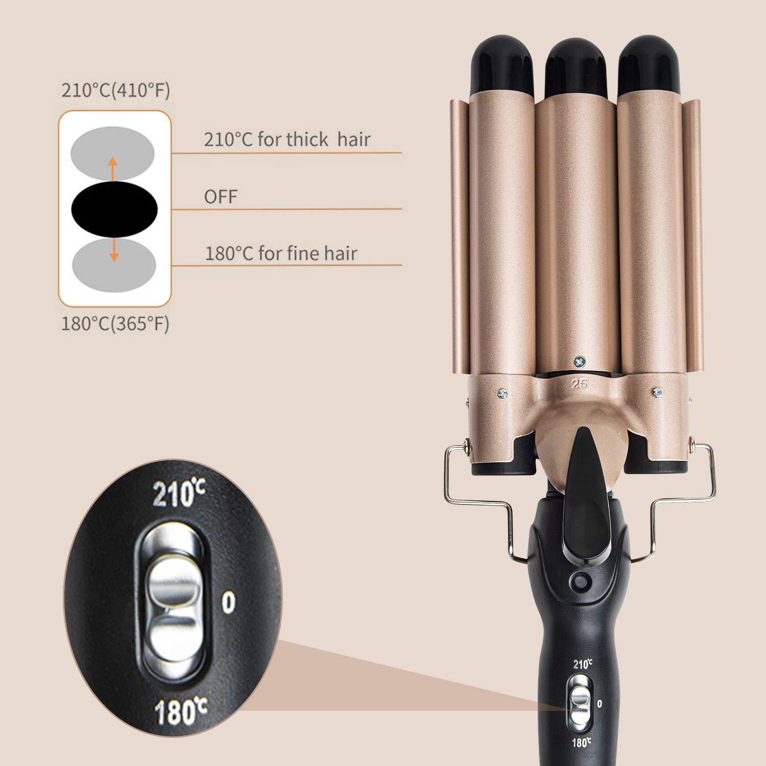 3 Barrel Curling Iron-Dual Voltage Hair Crimper,1 Inch Ceramic Tourmaline with Temperature Adjustable Hair Waver(Gold)