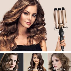 3 Barrel Curling Iron-Dual Voltage Hair Crimper,1 Inch Ceramic Tourmaline with Temperature Adjustable Hair Waver(Gold)