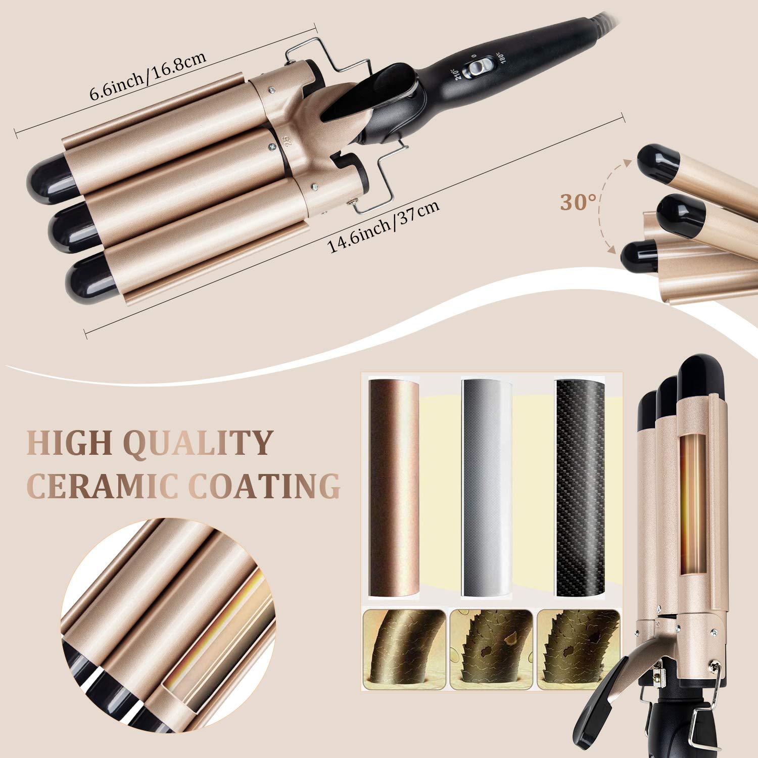 3 Barrel Curling Iron-Dual Voltage Hair Crimper,1 Inch Ceramic Tourmaline with Temperature Adjustable Hair Waver(Gold)