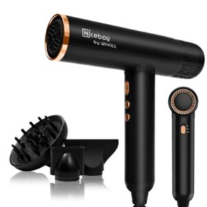 nicebay® ionic hair dryer with diffuser, 1600w &110000rpm high-speed brushless motor for rapid drying. lightweight, constant temperature, salon blow dryer with 3 magnetic attachments