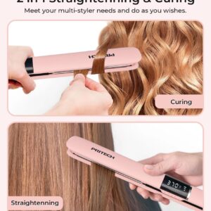 PRITECH Flat Iron Hair Straightener, Titanium Flat Iron with Adjustable Temp(290°F-450°F), 1 inch Plate for All Hairstyles Anti-Scald Dual Voltage Straightening and Curler 2 in 1 (Pink)