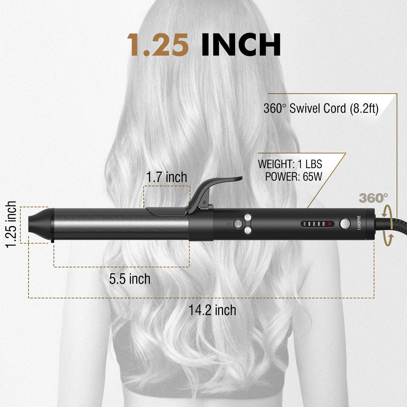 Luxspire Rotating Curling Iron, 1 1/4 inch Automatic Curling Iron Instant Heat Ionic Curling Iron with Long Titanium Barrel for Long Hair, Professional Self Curling Wand Hair Curler, Black