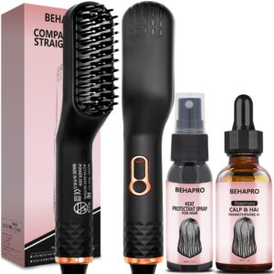 portable hair straightener brush,straightening brush comb w/heat protectant spray for hair & rosemary strengthening oil for dry damaged hair,hot comb hair straightener christmas gifts for women her