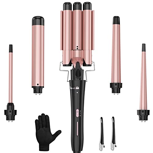 Curling Wand Set, Curling Iron Interchangeable 3 Barrel Curler with Ceramic Tourmaline Professional 5 in 1 Wand Curling Iron,for Women with Curler and Waver