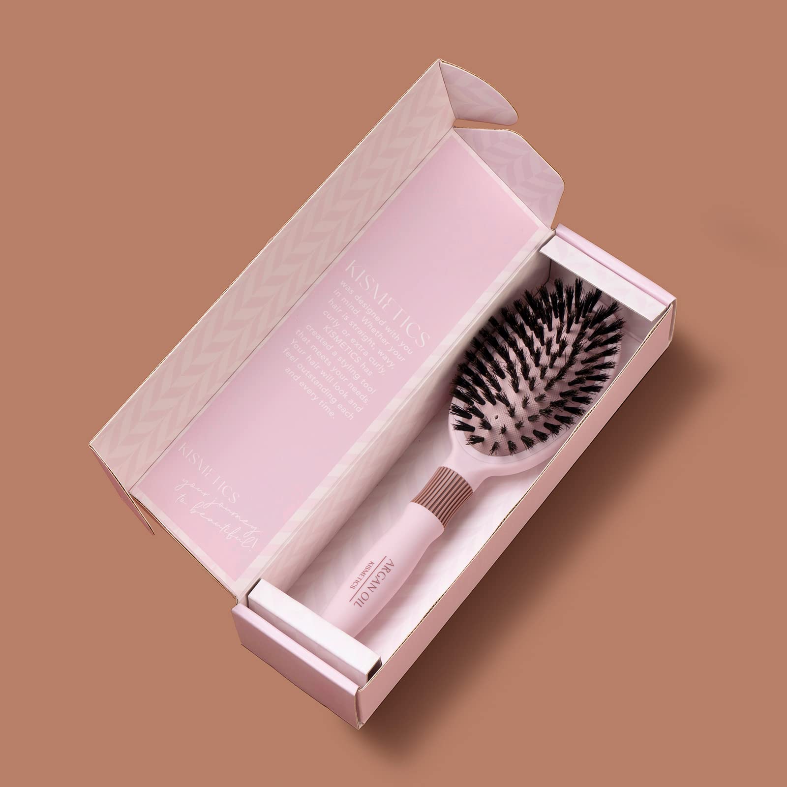 KISMETICS Hair Brush, Argan Oil Infused, Large Cushion, Boar Bristles, for Shine and Easy Styling, Unisex, All Hair Types