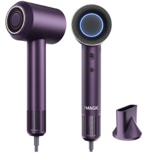 7magic high-speed hair dryer, 110,000rpm brushless motor for fast drying, 1400w blow dryer with tri-colour led light ring, low noise ionic hair dryer for home and travel, magnetic nozzle, purple