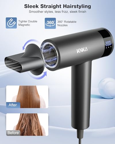 KNKA Hair Dryer, 1500W High Speed Low Noise Blow Dryer with 4 Temperatures & 3 Speed, Negative Ionic Hair Dryer, 110,000 RPM Hairdryer with Magnetic Nozzle, Fast Drying for Home, Travel, Gym, Grey