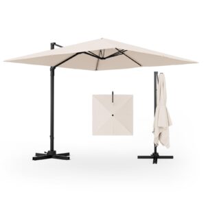 tangkula 9.5 ft cantilever patio umbrella, outdoor square offset umbrella with 360癛otation, heavy duty patio hanging umbrella with cross base for garden deck pool backyard (beige)