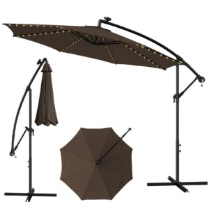 tangkula 10ft solar offset umbrella, tilted cantilever hanging umbrella with 112 led meteor shower lights, crank handle, outdoor market umbrella for poolside, backyard & deck (tan)