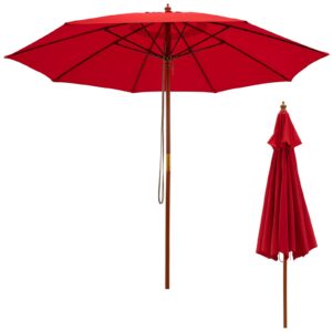 tangkula 9.5 ft red wooden pulley umbrella with 8 fiberglass ribs, rope pulley mechanism, and vented canopy for patio, deck, poolside, garden, lawn, terrace