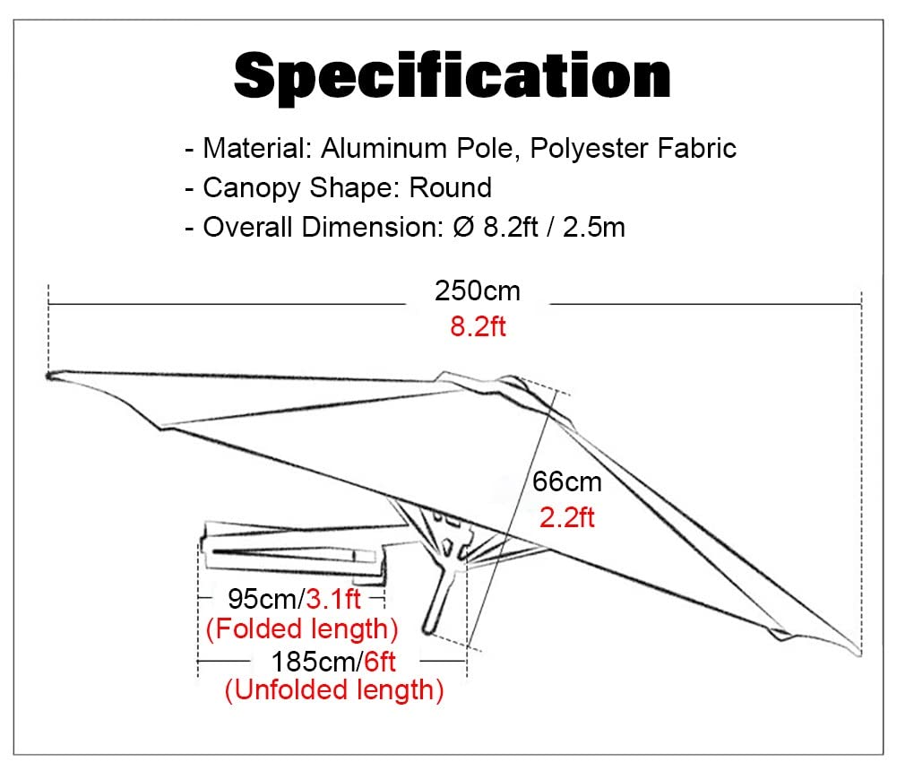 WAHHWF Backyard Wall Mount Umbrella, 8ft, 7ft, Outdoor Patio Umbrella with Bracket & Adjustable Pole, Tilting Sunshade Umbrella for Tight Small Space Garden Yard, Khaki, 7.2ft/2.2m