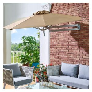 WAHHWF Backyard Wall Mount Umbrella, 8ft, 7ft, Outdoor Patio Umbrella with Bracket & Adjustable Pole, Tilting Sunshade Umbrella for Tight Small Space Garden Yard, Khaki, 7.2ft/2.2m