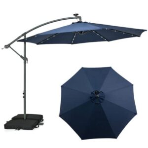 tangkula 10ft hanging offset umbrella, with 32 led lights, solar panel batteries, sand bag, water-proof canopy, outdoor patio umbrella for yard, garden, poolside, patio (navy)