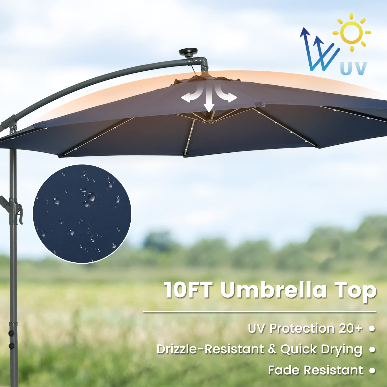 Tangkula 10FT Hanging Offset Umbrella, with 32 LED Lights, Solar Panel Batteries, Sand Bag, Water-proof Canopy, Outdoor Patio Umbrella for Yard, Garden, Poolside, Patio (Navy)