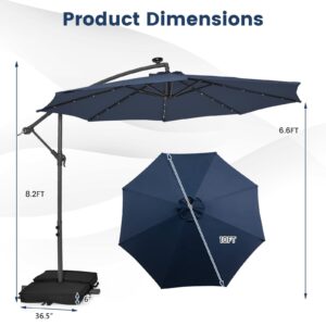 Tangkula 10FT Hanging Offset Umbrella, with 32 LED Lights, Solar Panel Batteries, Sand Bag, Water-proof Canopy, Outdoor Patio Umbrella for Yard, Garden, Poolside, Patio (Navy)