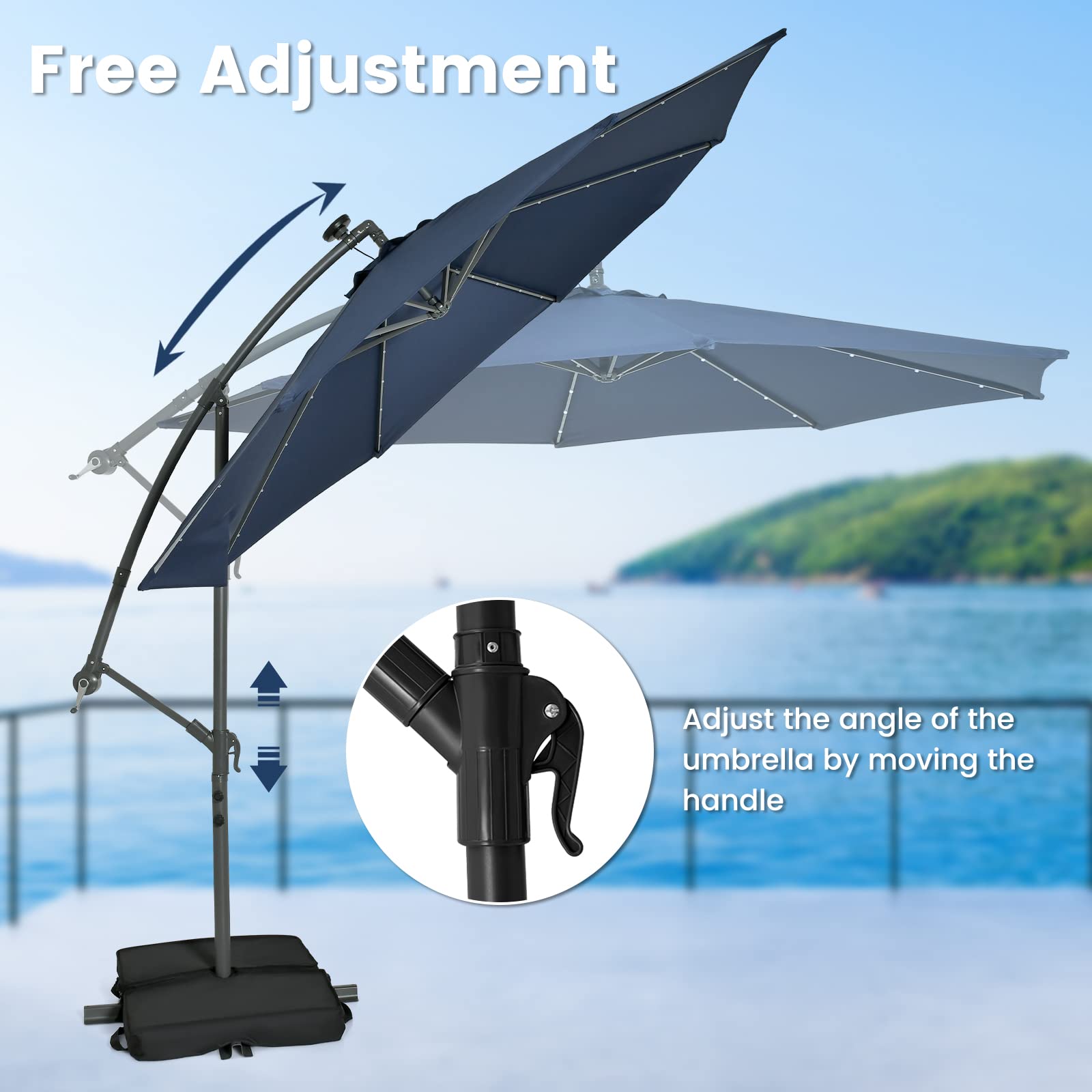 Tangkula 10FT Hanging Offset Umbrella, with 32 LED Lights, Solar Panel Batteries, Sand Bag, Water-proof Canopy, Outdoor Patio Umbrella for Yard, Garden, Poolside, Patio (Navy)