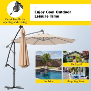 Tangkula 10FT Outdoor Patio Umbrella Solar LED Lighted Sun Shade Market Umbrella with Hanging Cover and Cross Base (Beige)