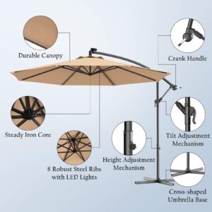 Tangkula 10FT Outdoor Patio Umbrella Solar LED Lighted Sun Shade Market Umbrella with Hanging Cover and Cross Base (Beige)