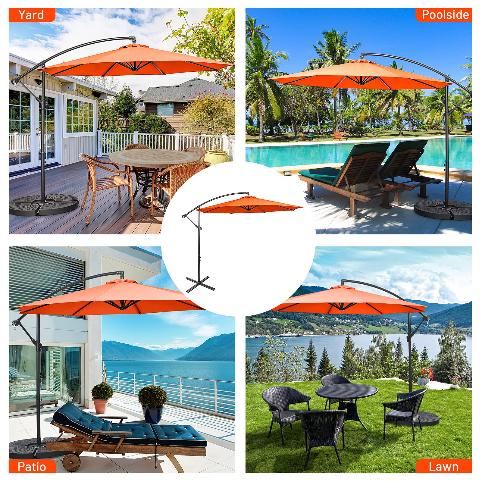 Tangkula 10 FT Patio Offset Umbrella with 8 Ribs, Outdoor Cantilever Umbrella with Cross Base and Crank, Market Hanging Umbrella for Garden, Poolside and Backyard (Orange)