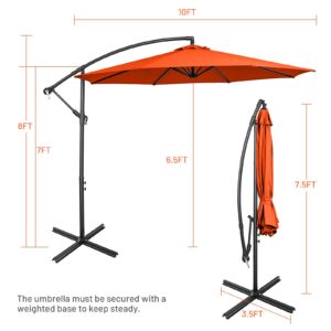 Tangkula 10 FT Patio Offset Umbrella with 8 Ribs, Outdoor Cantilever Umbrella with Cross Base and Crank, Market Hanging Umbrella for Garden, Poolside and Backyard (Orange)