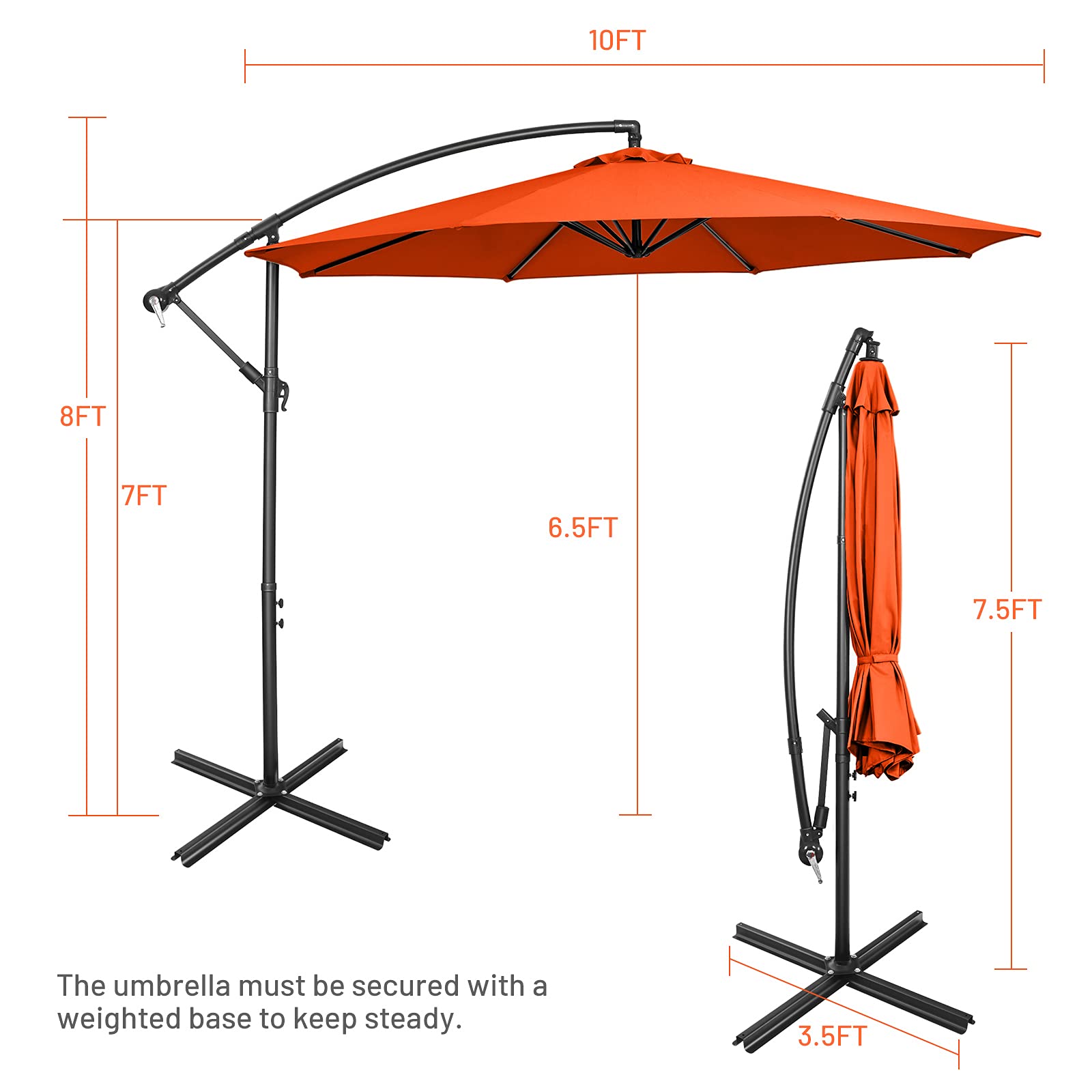 Tangkula 10 FT Patio Offset Umbrella with 8 Ribs, Outdoor Cantilever Umbrella with Cross Base and Crank, Market Hanging Umbrella for Garden, Poolside and Backyard (Orange)