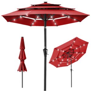 best choice products 10ft 3-tier solar patio umbrella, outdoor market sun shade for backyard, deck, poolside w/ 24 led lights, tilt adjustment, easy crank, 8 ribs - red