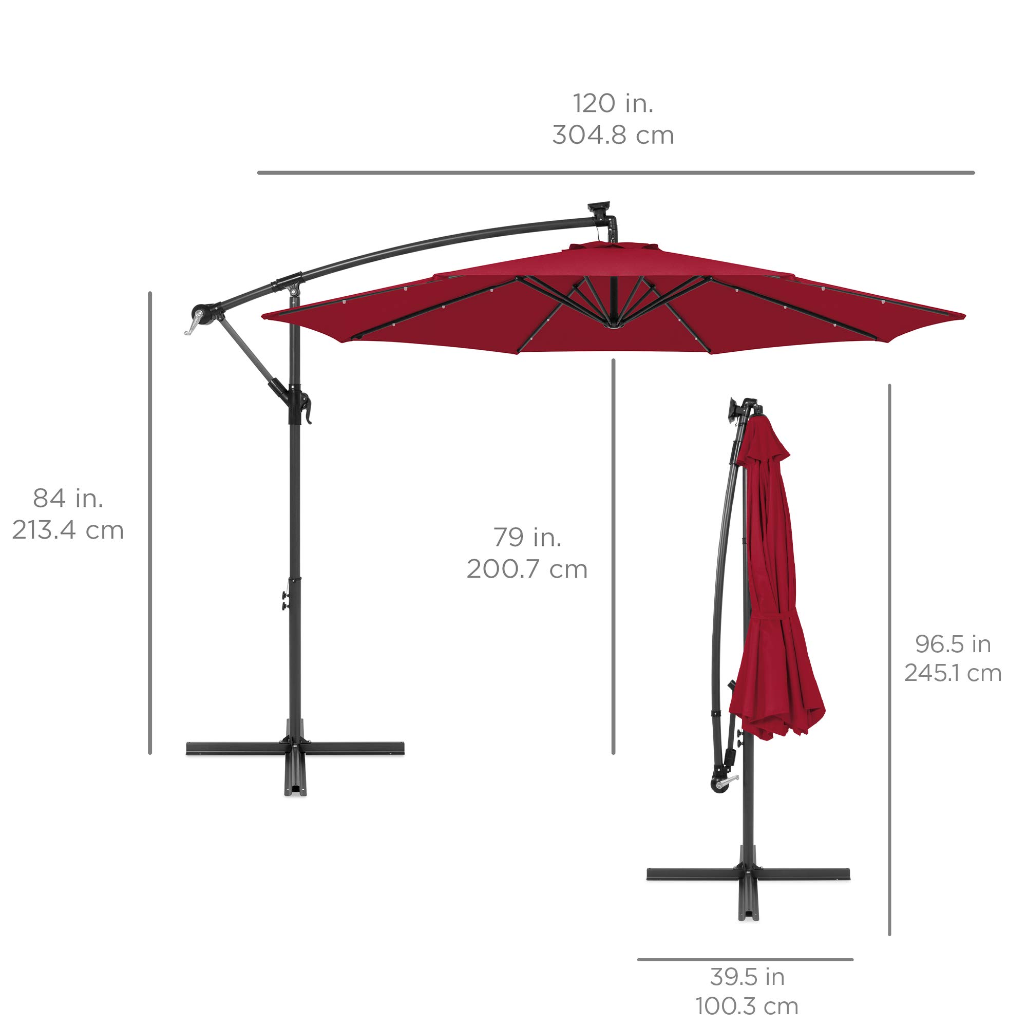 Best Choice Products 10ft Solar LED Offset Hanging Market Patio Umbrella for Backyard, Poolside, Lawn and Garden w/Easy Tilt Adjustment, Polyester Shade, 8 Ribs - Burgundy