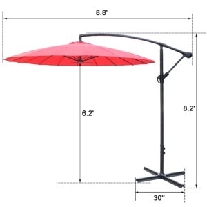 LUCKYERMORE 9ft Offset Hanging Market Patio Umbrella 18 Ribs Easy Tilt Adjust for Patio Backyard, Garden, Poolside and Beach, Red